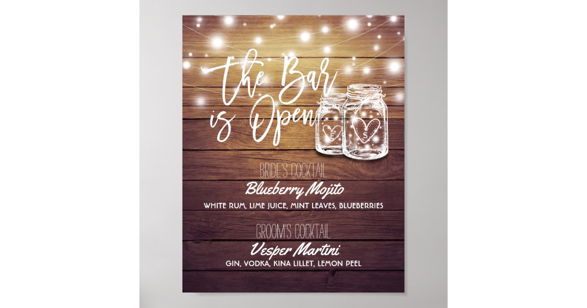 The Bar is Open Drink Menu Mason Jars Wedding Sign | Zazzle