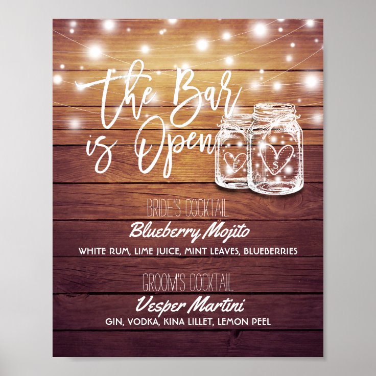 The Bar is Open Drink Menu Mason Jars Wedding Sign | Zazzle