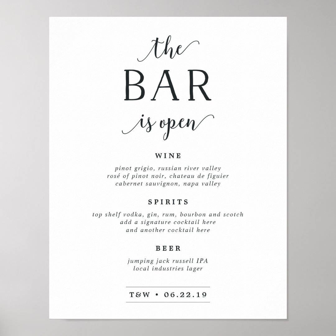 The Bar Is Open | Wedding Bar Menu Sign | Zazzle