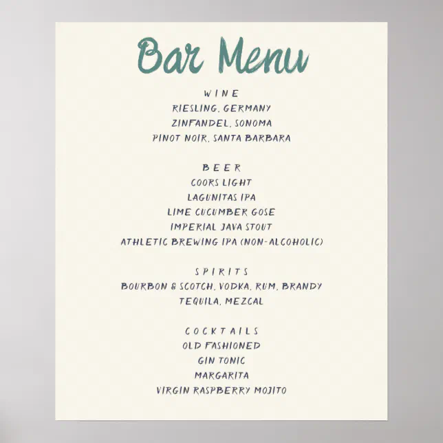 The Bar Quirky Handwriting Wedding Drinks Menu Poster | Zazzle
