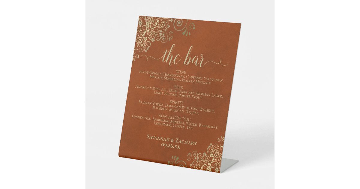 The Bar - Rust Orange & Gold Drinks Menu Wedding Pedestal Sign | Zazzle