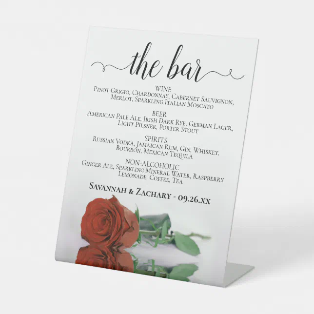 The Bar - Rust Orange Rose Drinks Menu Wedding Pedestal Sign | Zazzle