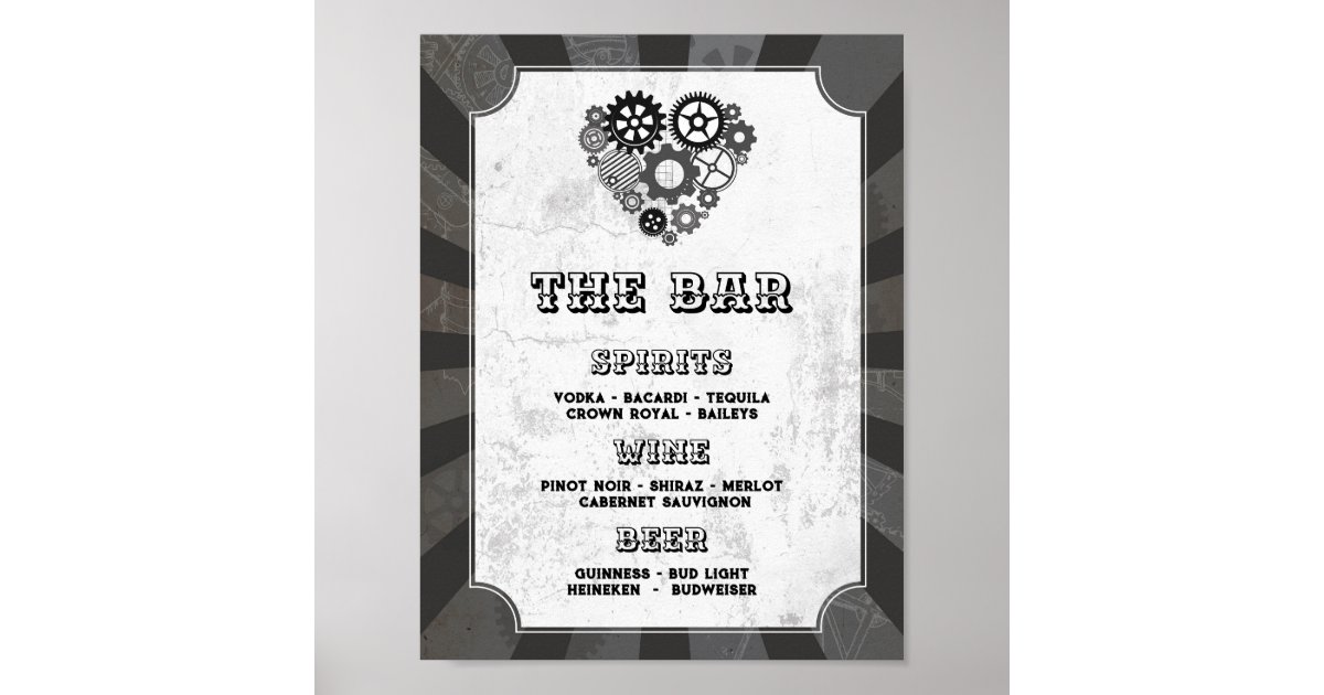 The Bar Wedding Steampunk Wedding Hearts Cogs Poster | Zazzle