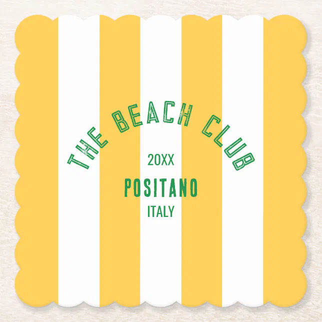 The Beach Club Crest Yellow Cabana Stripe Paper Coaster | Zazzle