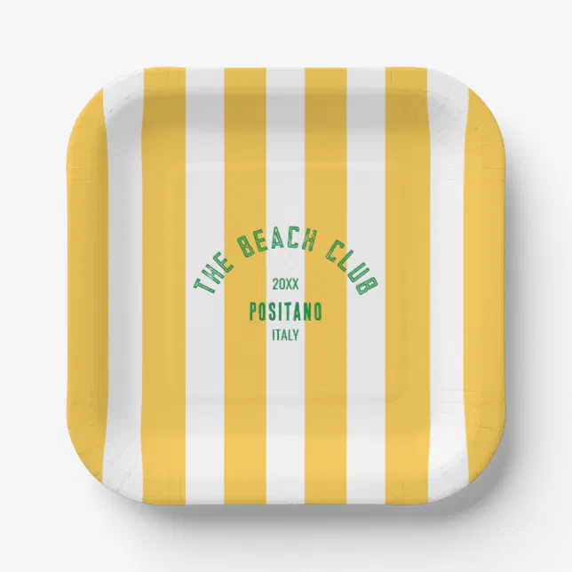 The Beach Club Crest Yellow Cabana Stripe Paper Plates | Zazzle