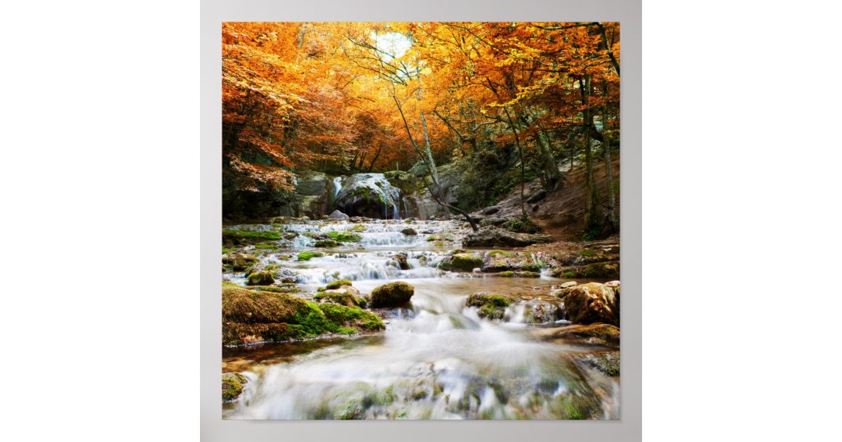 The beautiful waterfall in forest, autumn poster | Zazzle