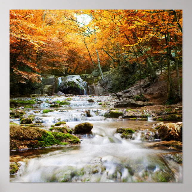 The beautiful waterfall in forest, autumn poster | Zazzle