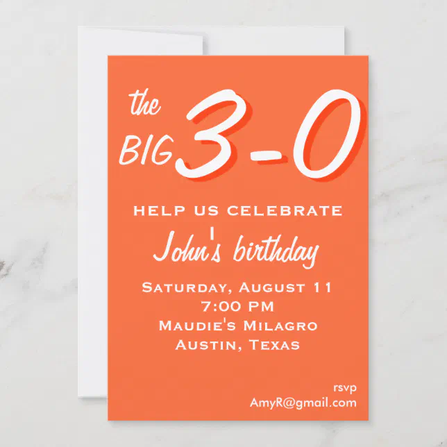 the big 3-0 30th birthday invitation | Zazzle