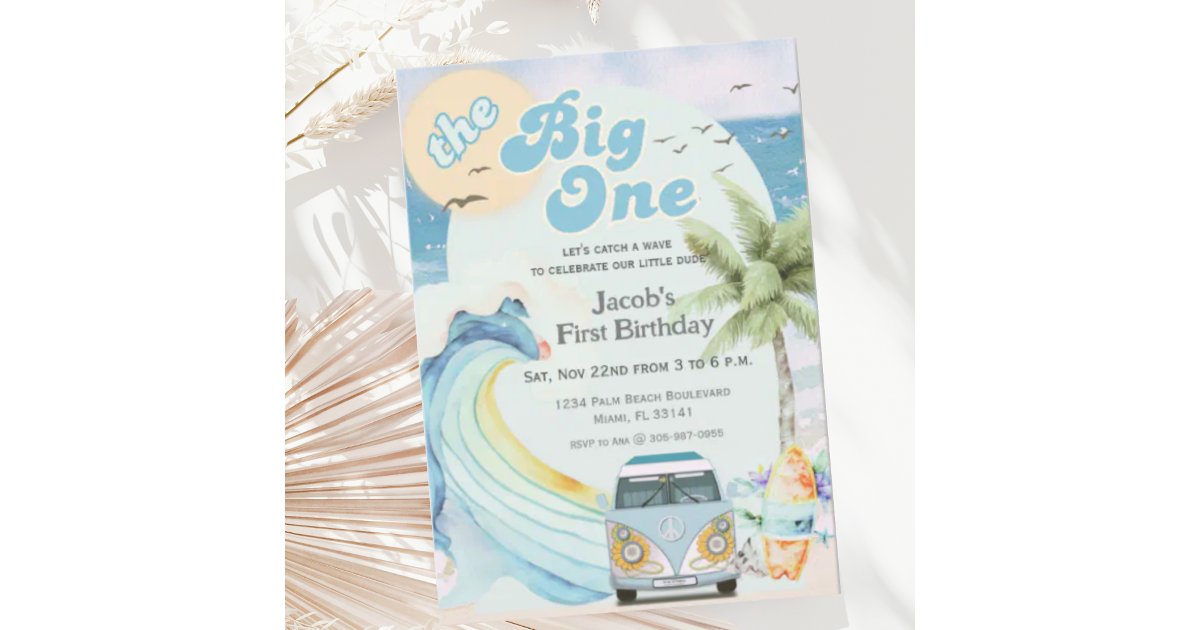 The Big One Blue Retro Surfing First Birthday Invitation | Zazzle