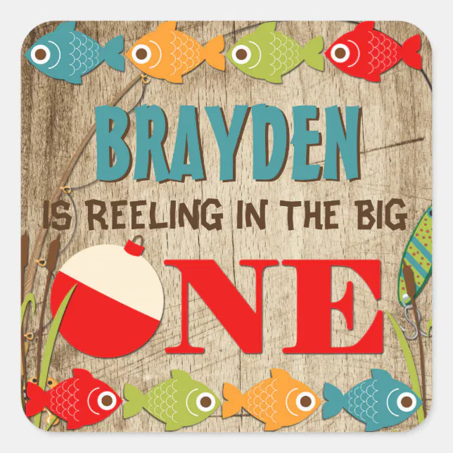 The Big One Fishing Theme Boys First Birthday Square Sticker | Zazzle