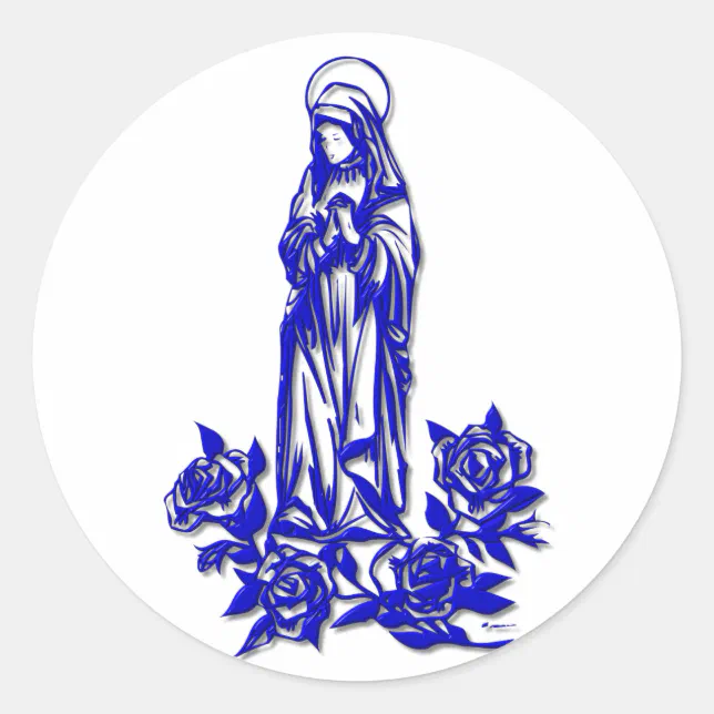 The Blessed Virgin Mary ( with blue roses ) Classic Round Sticker | Zazzle