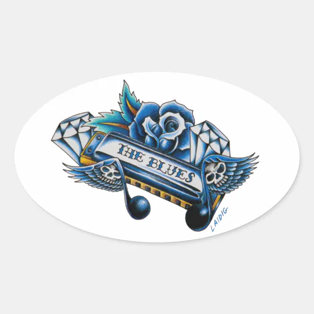 The Blues Harmonica Flash Art Oval Sticker | Zazzle