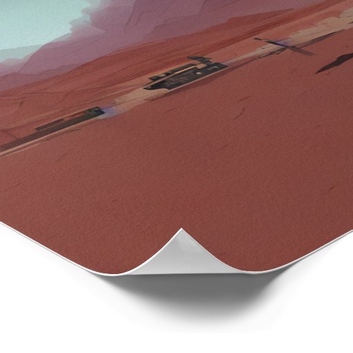 The car is parked in desert mountains landscape poster | Zazzle