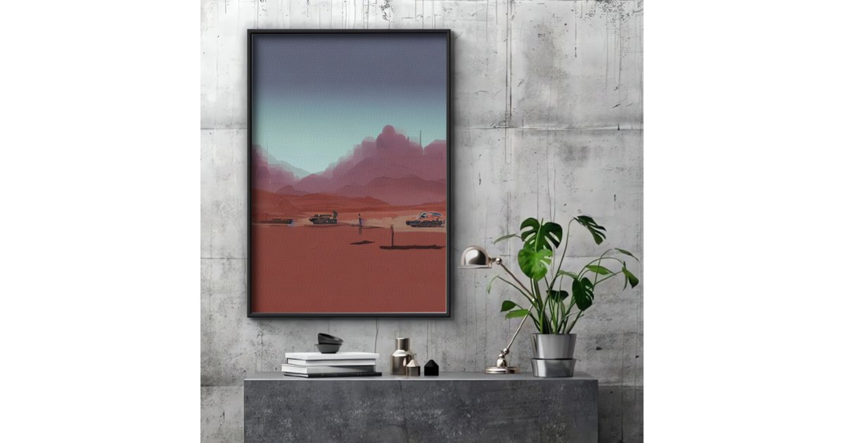 The car is parked in desert mountains landscape poster | Zazzle