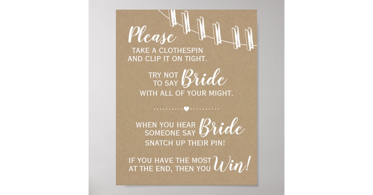 The clothespin game bridal shower rustic sign | Zazzle