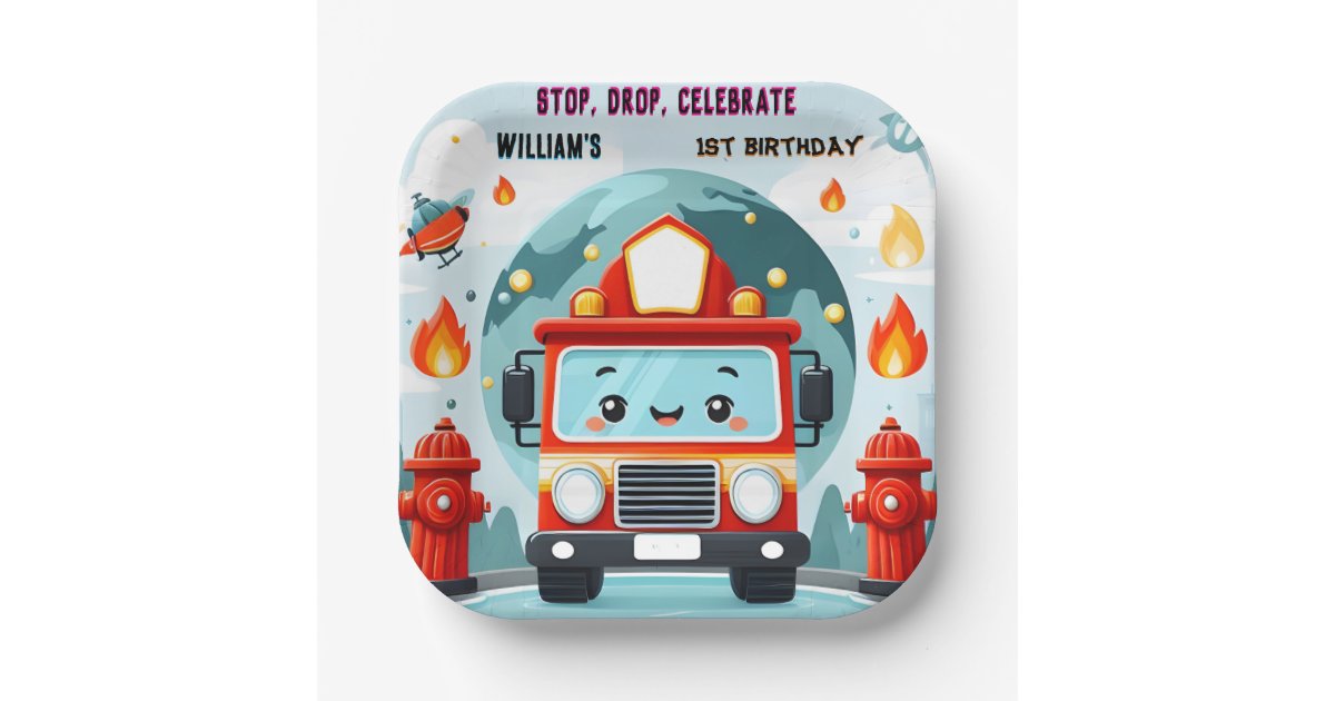 The Cute Hot Fire Truck Engine Safety 1st birthday Paper Plates | Zazzle