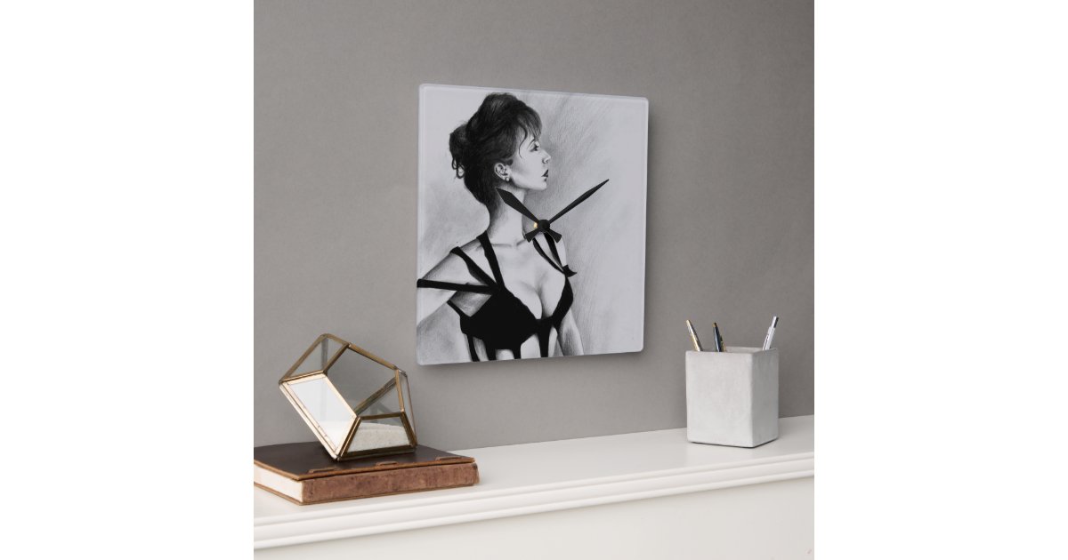 The Dame Woman Portrait Black Dress Drawing Art Square Wall Clock | Zazzle