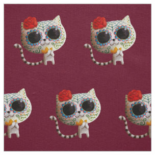 Cute Day of The Dead Sugar Skull Cat Meow Print Fabric | Zazzle.com