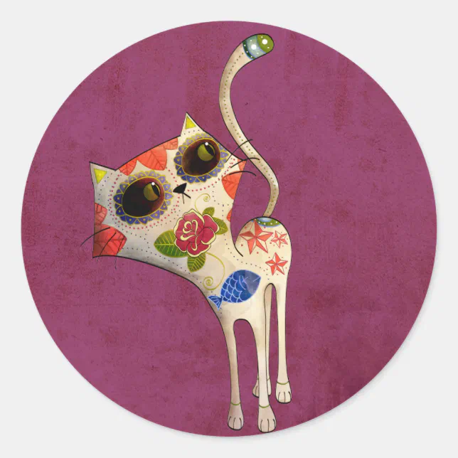 The Day of The Dead White Cute Cat Classic Round Sticker | Zazzle