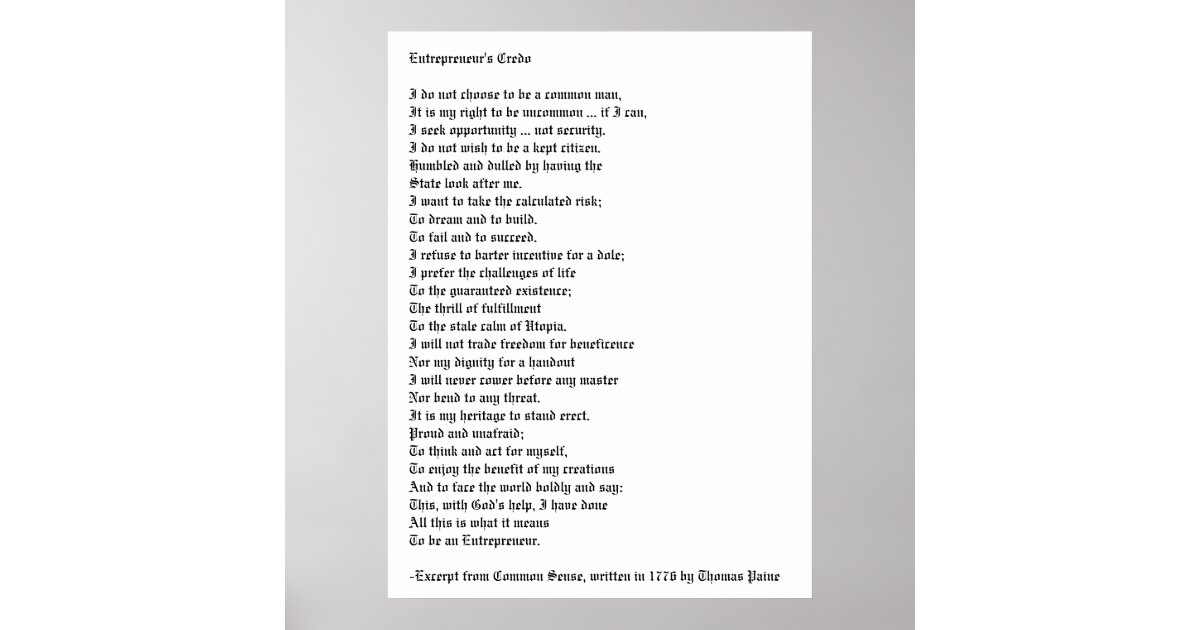 The Entrepreneur's Credo Poster | Zazzle