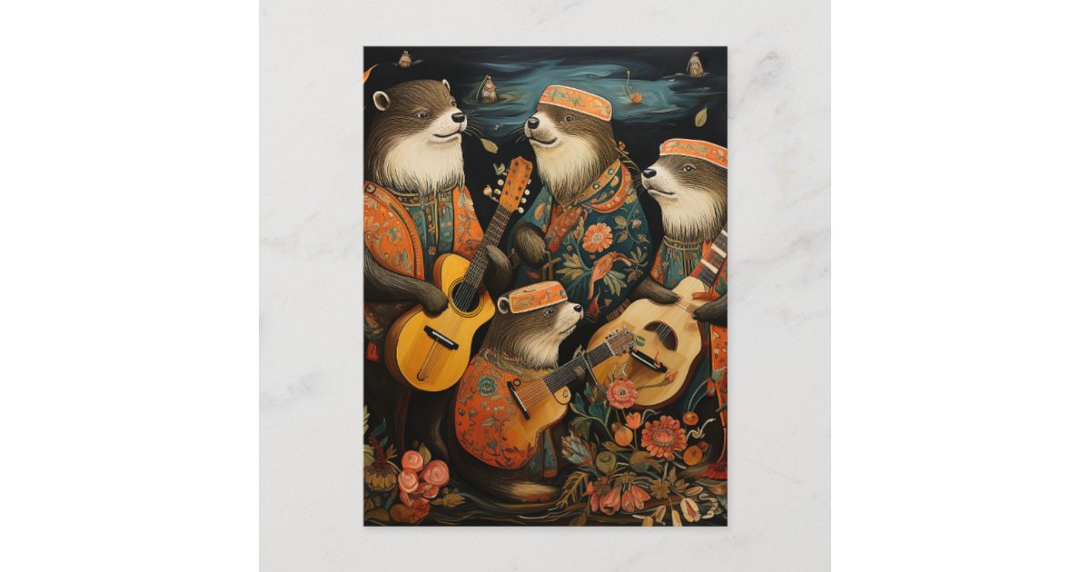 The Folk Art Otter Band Postcard | Zazzle