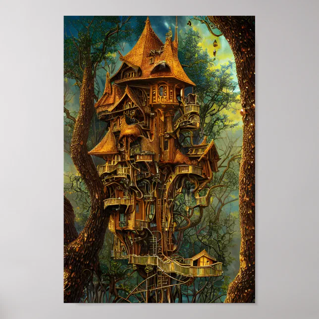 The Golden Treehouse | Fantasy Digital Art Poster | Zazzle