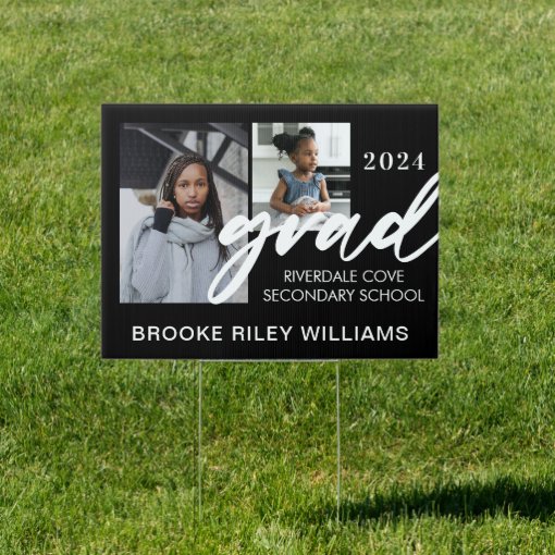 The Grad Now & Then 2 Photos Modern Black Grad Sign | Zazzle