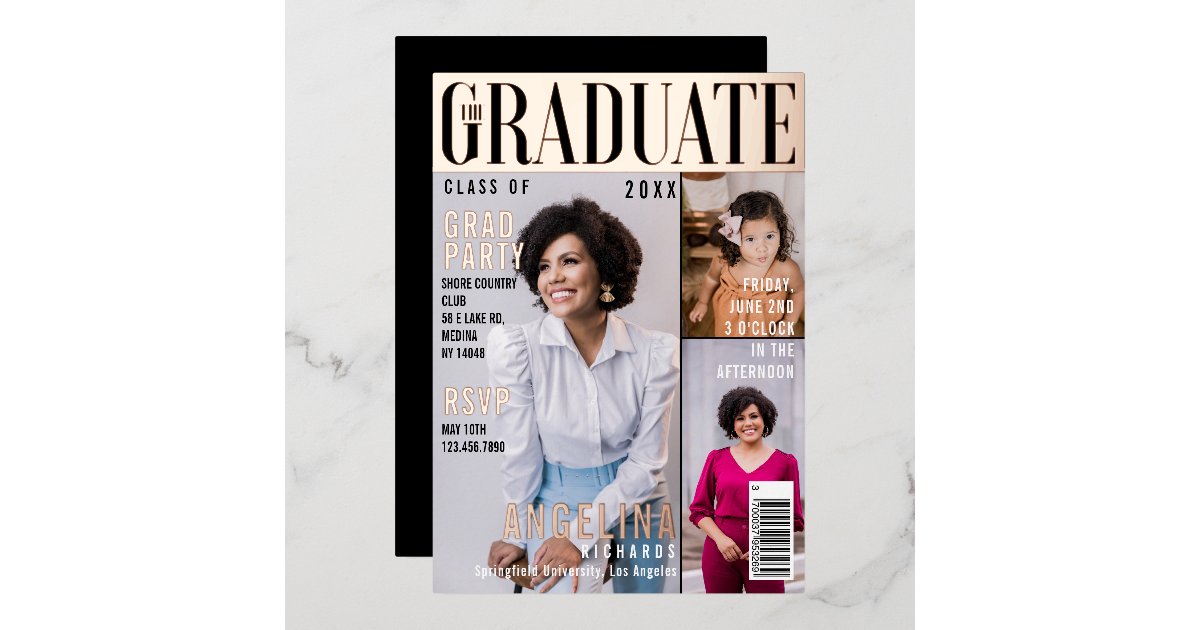 The Graduate Trendy Magazine Cover 3 Photo Grad Foil Invitation | Zazzle