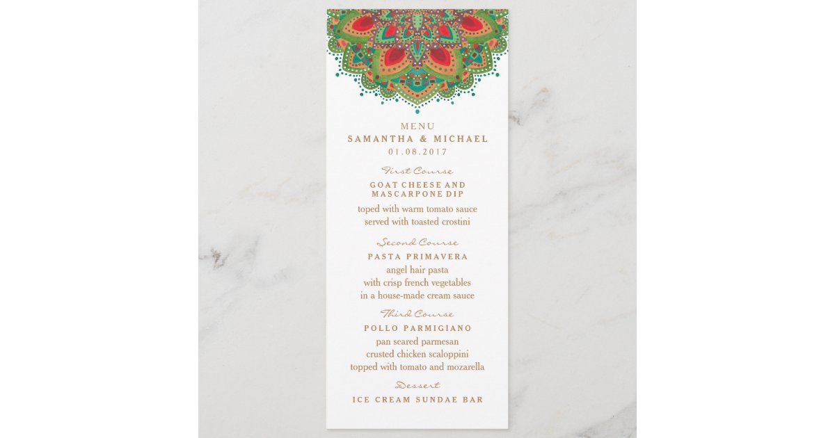 The Green Mandala Wedding Menu Card | Zazzle