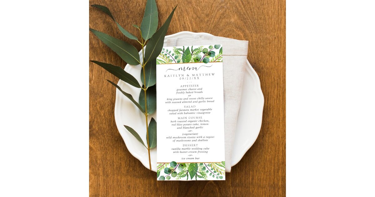 The Greenery & Gold Wedding Collection Menu | Zazzle