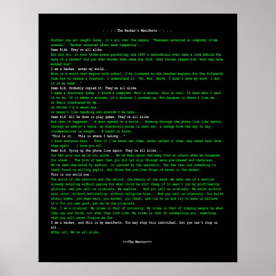 The Hacker's Manifesto Poster | Zazzle.com