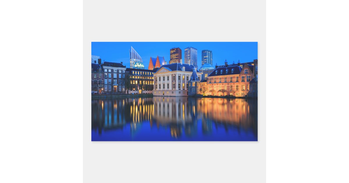 The Hague skyline at blue hour rectangular sticker | Zazzle