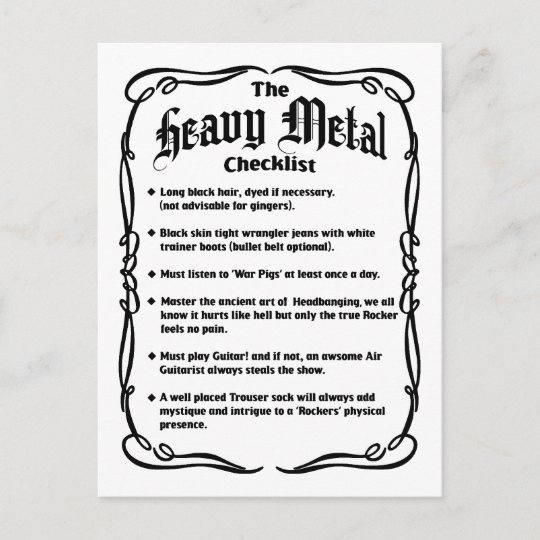 The Heavy Metal Checklist Postcard | Zazzle.com