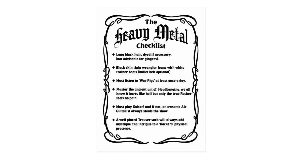 The Heavy Metal Checklist Postcard | Zazzle.com