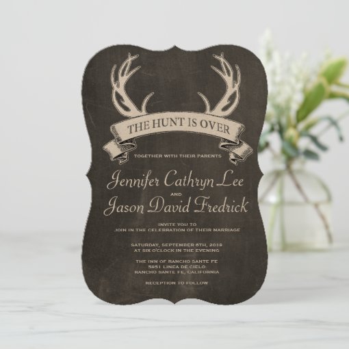 "The Hunt is Over" Rustic Chalkboard Wedding Invitation | Zazzle