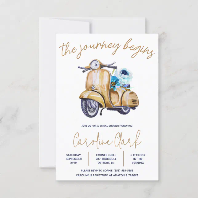 The Journey Begins! Scooter, Vespa Bridal Shower Invitation | Zazzle