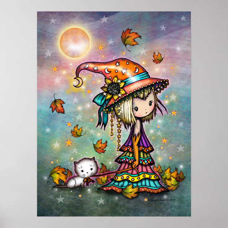 The Little Wanderer Witch and Cat Art Poster | Zazzle