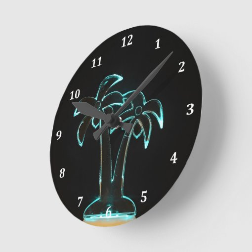 The Look of Neon Lit Up Tropical Palm Trees Round Clock | Zazzle