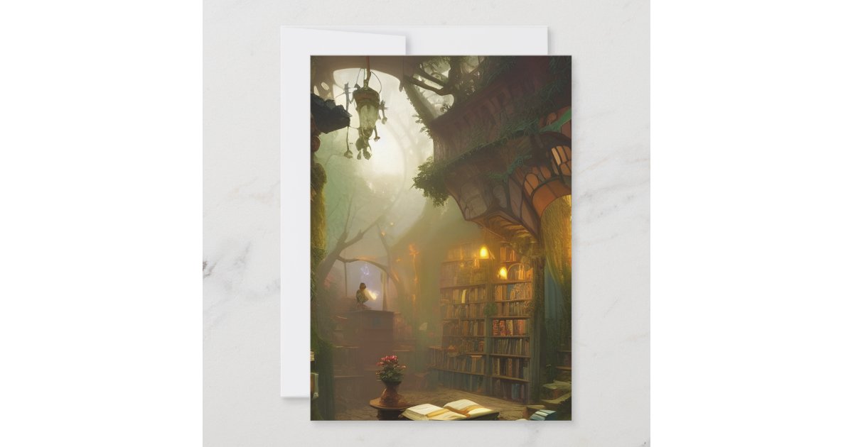 The Magical Bookstore Fantasy Art Greeting Card | Zazzle