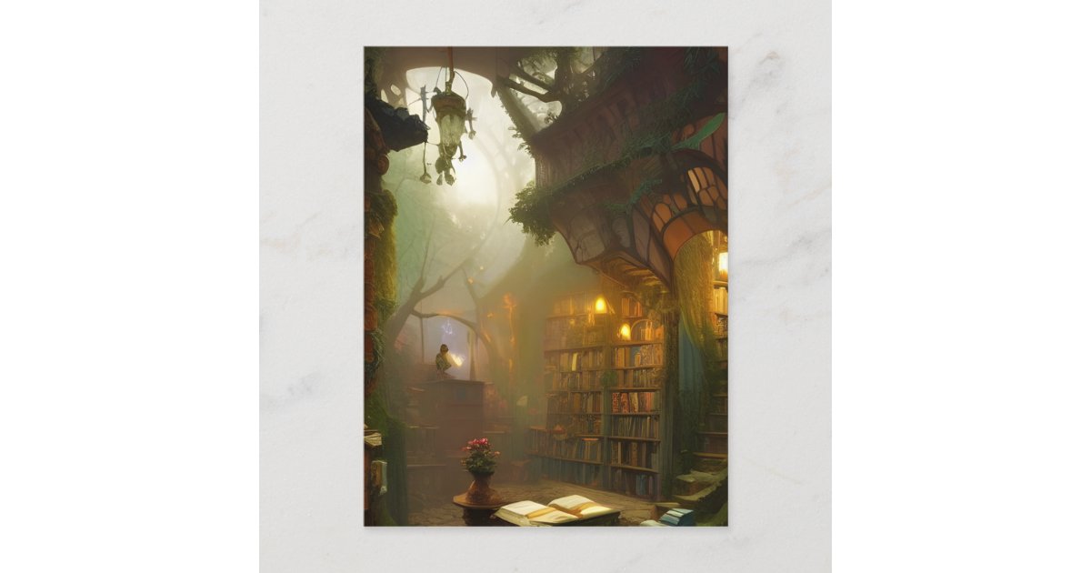 The Magical Bookstore Fantasy Art Postcard | Zazzle