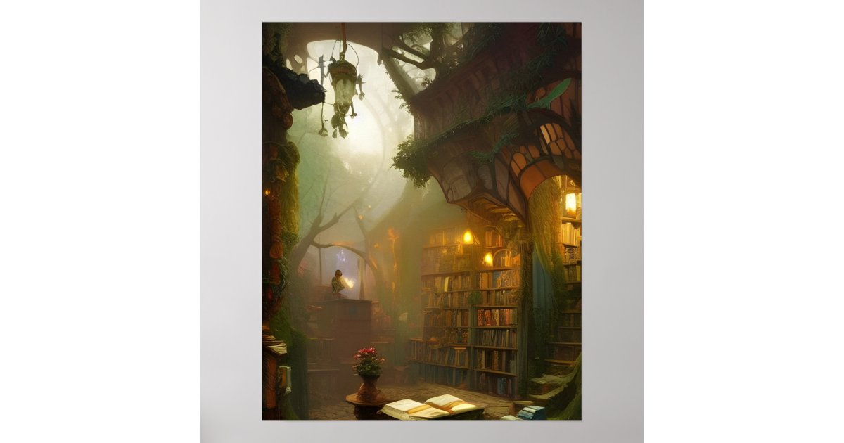 The Magical Bookstore Fantasy Art Poster | Zazzle