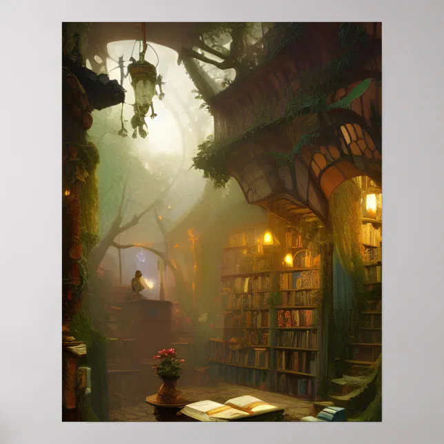 The Magical Bookstore Fantasy Art Poster | Zazzle