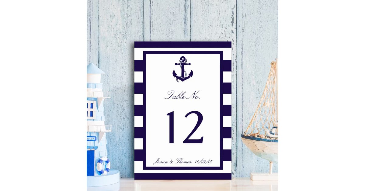 The Nautical Anchor Navy Stripe Wedding Collection Table Number | Zazzle