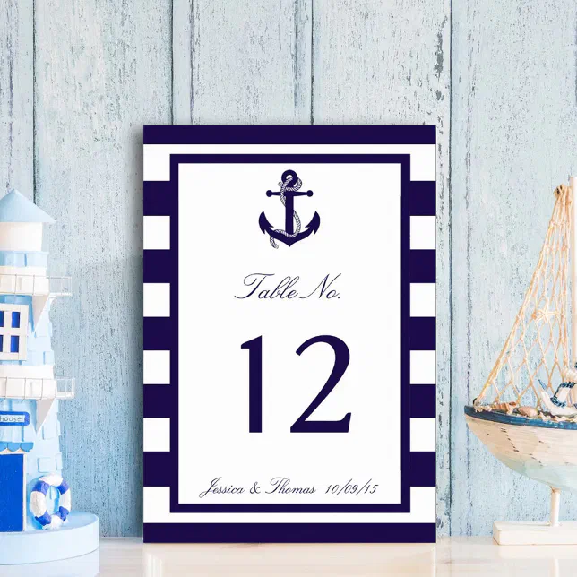 The Nautical Anchor Navy Stripe Wedding Collection Table Number | Zazzle