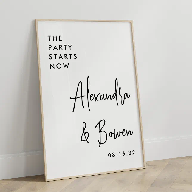 The Party Starts Now Wedding Sign | Black & White | Zazzle