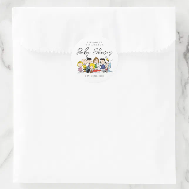 The Peanuts Gang | Baby Shower Classic Round Sticker | Zazzle