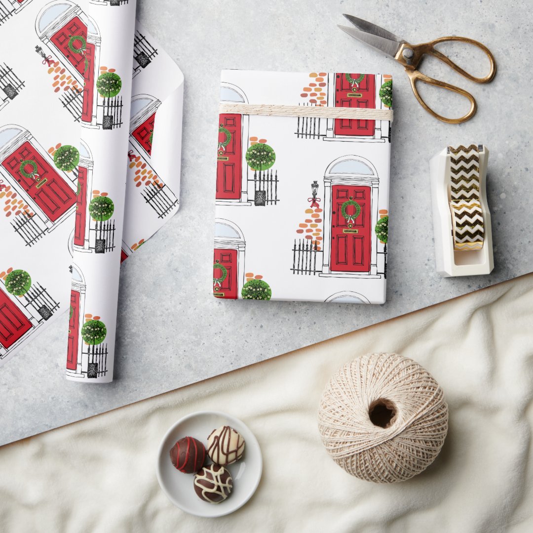 The Red Holiday Christmas Door Wrapping Paper | Zazzle