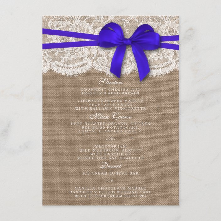 The Rustic Blue Bow Wedding Collection Menu Card | Zazzle.com
