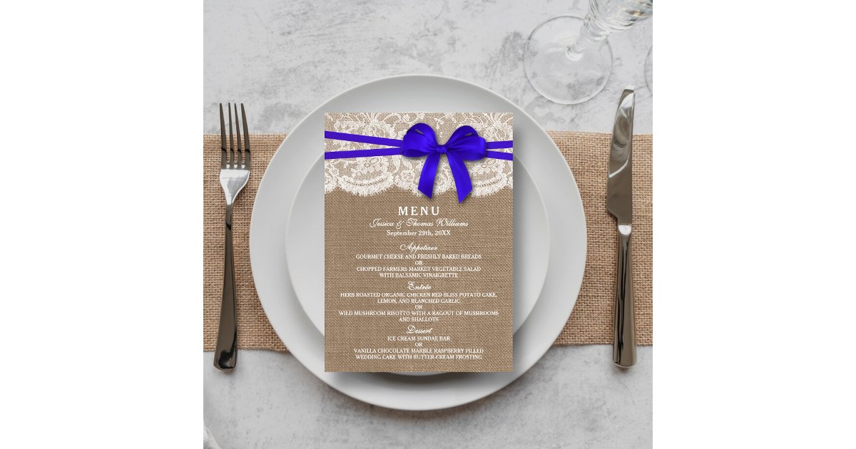 The Rustic Blue Bow Wedding Collection Menu Card | Zazzle
