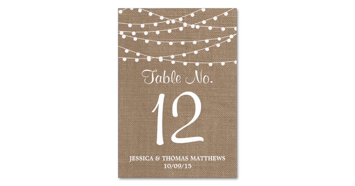The Rustic Burlap String Lights Wedding Collection Table Number | Zazzle